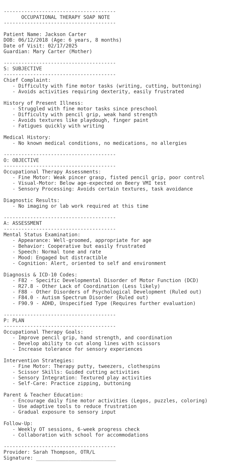 Occupational Therapy OT SOAP Note Example Pediatric Patient